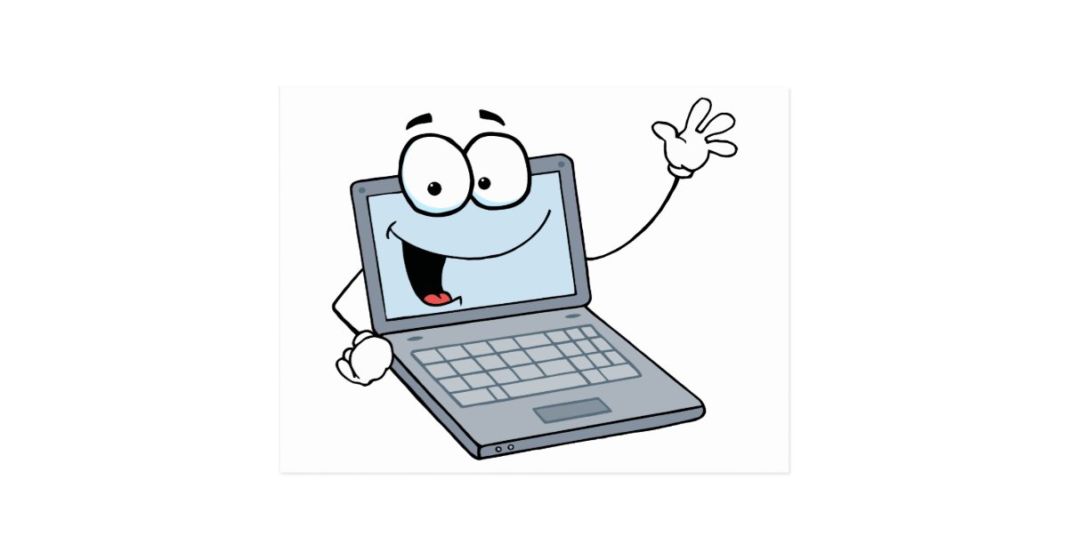 Laptop Cartoon Character Waving A Greeting Postcard | Zazzle.co.uk