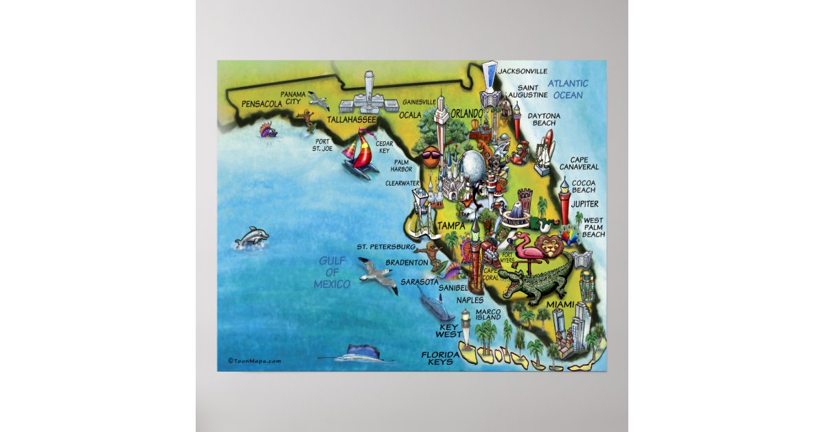 Large Florida Cartoon Map Poster | Zazzle