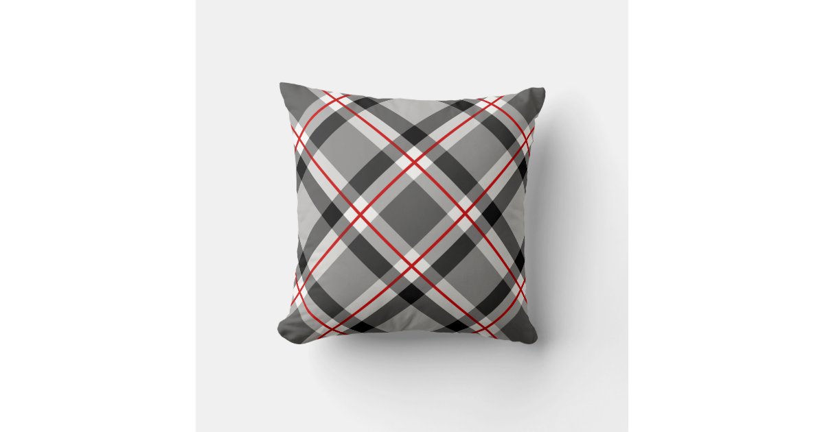 Large Modern Plaid, Black, White, Grey and Red Cushion | Zazzle