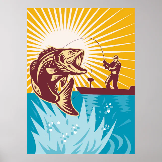 Largemouth Bass Fish Fly Fisherman Fishing rod Poster | Zazzle