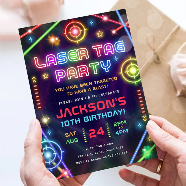 Laser Tag Neon Glow Arcade Party Boy Birthday Invitation | Zazzle