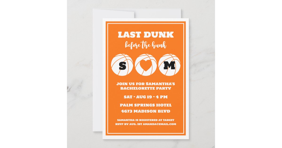Last Dunk Before The Hunk Basketball Bachelorette Invitation | Zazzle