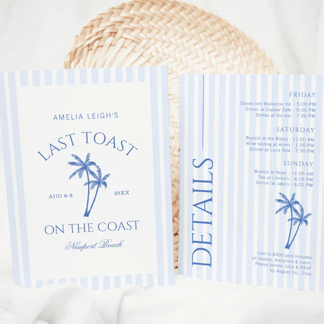 Last Toast On The Coast Palm Trees Bachelorette Invitation | Zazzle