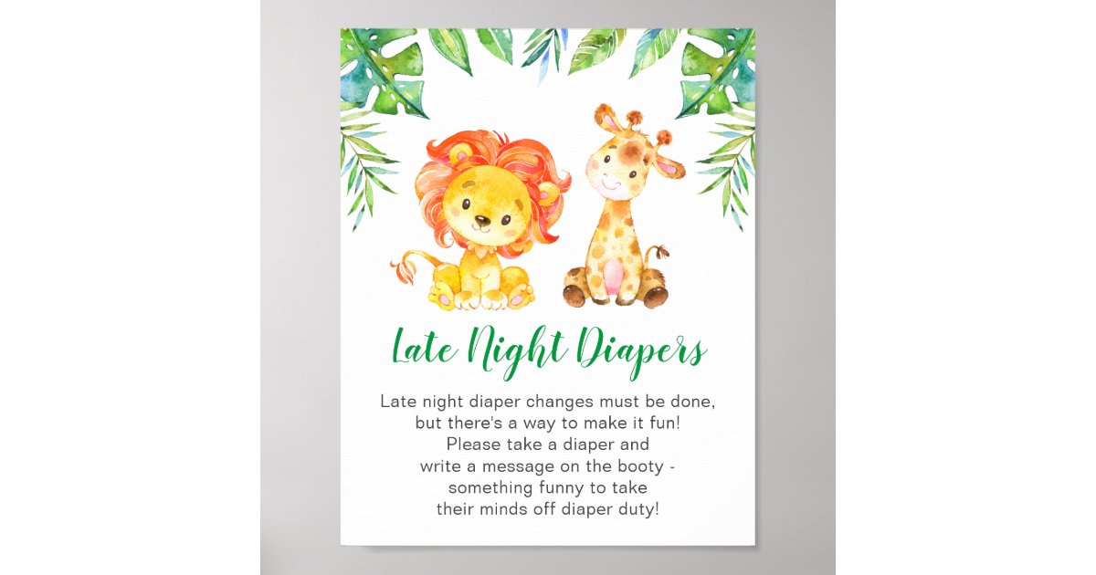 Late Night Diapers Wild Jungle Safari Baby Shower Poster | Zazzle
