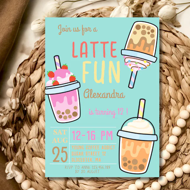 Latte fun coffee bobba tea birthday invitation | Zazzle