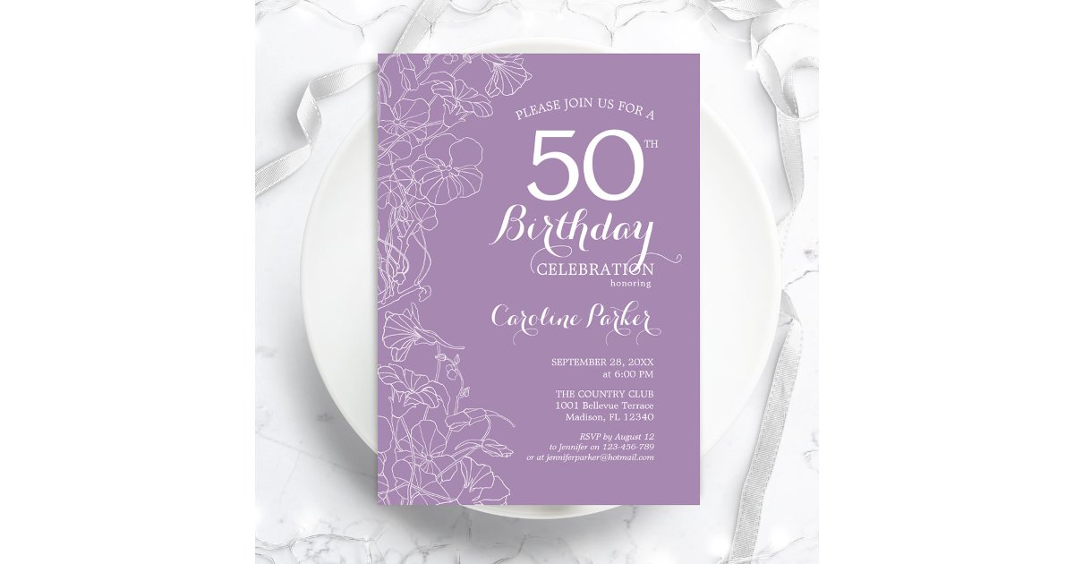 Lavender Purple Floral 50th Birthday Party Invitation | Zazzle