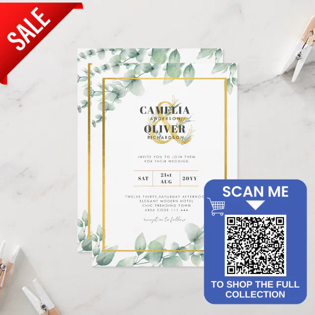 LeahG Eucalyptus Greenery Gold WEDDING QR CODE Inv | Zazzle