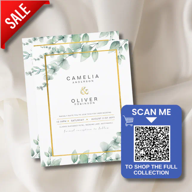 LeahG Eucalyptus Greenery Gold WEDDING QR CODE Inv Invitation | Zazzle