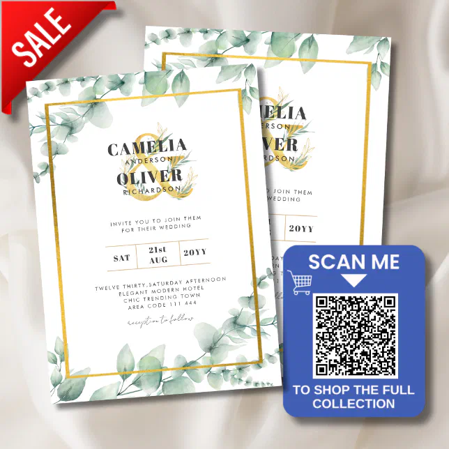 LeahG Eucalyptus Greenery Gold WEDDING QR CODE Invitation | Zazzle