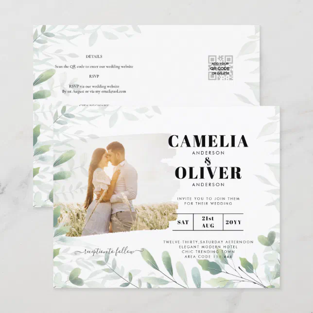 LeahG Greenery Leaves PHOTO OVERLAY Wedding Invite | Zazzle