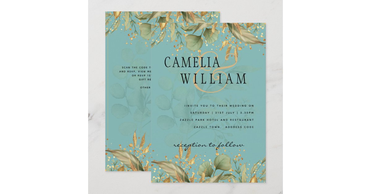 LeahG Greenery Sea Glass Teal Gold Wedding Invite | Zazzle