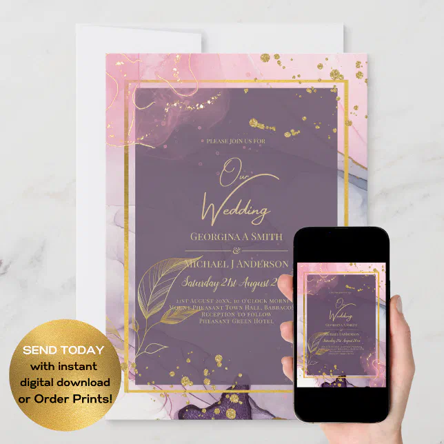 LeahG® Lavender INK Mauve Purple Gold Wedding Invitation | Zazzle