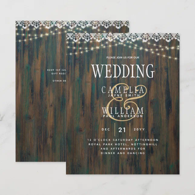 LeahG Rustic Wood Lace Lights Wedding Invite | Zazzle