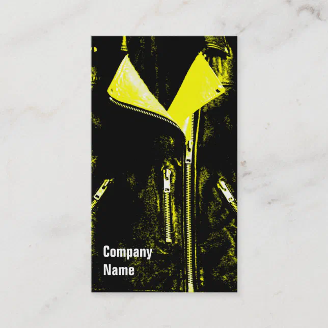 Leather Jacket Yellow black side text Business Card | Zazzle