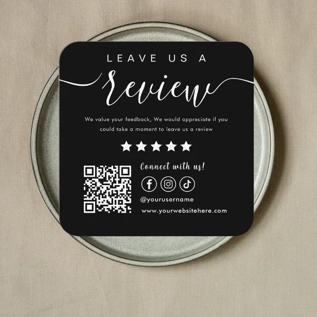 Leave Us A Review Social Media Qr Code Logo Black Square Business Card ...
