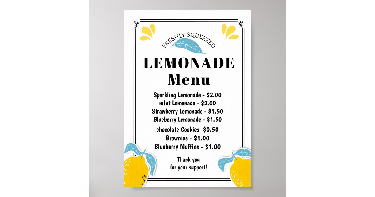 Lemonade stand Menu Poster | Zazzle