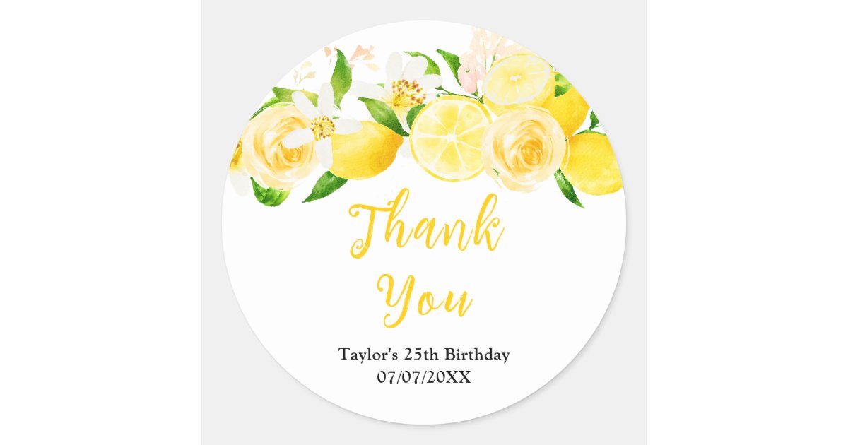 Lemons and Foliage Birthday Party Thank You Classic Round Sticker | Zazzle