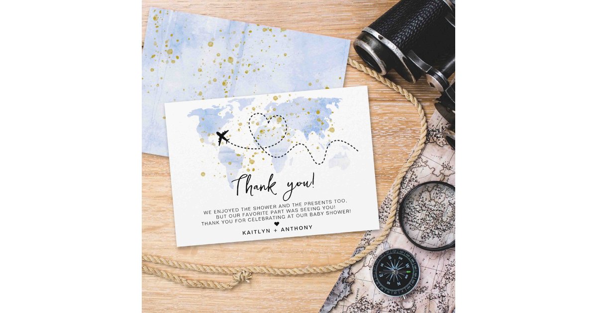 "Let The Adventure Begin!" Travel Map Baby Shower Thank You Card | Zazzle
