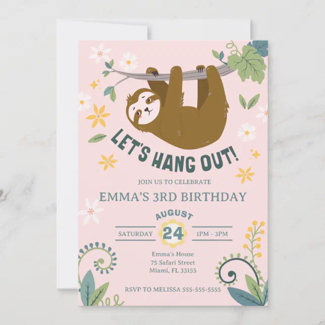 Let's Hang Out Jungle Sloth Pink Birthday Invitation | Zazzle