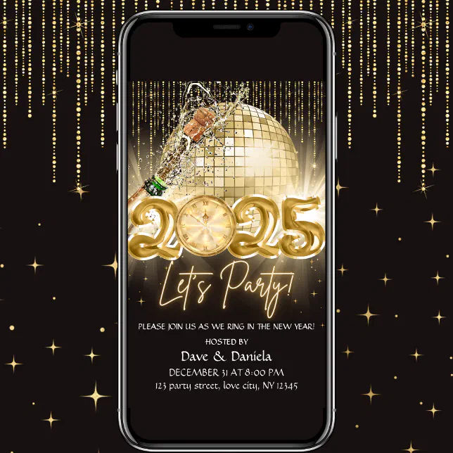 Lets Party Black Gold New Year Eve 2025 Invitation | Zazzle