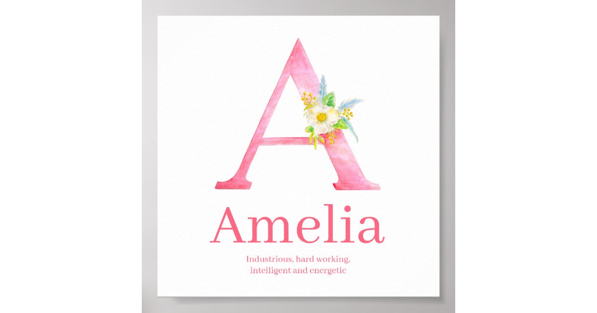 Letter A watercolor art pink Amelia name meaning Poster | Zazzle