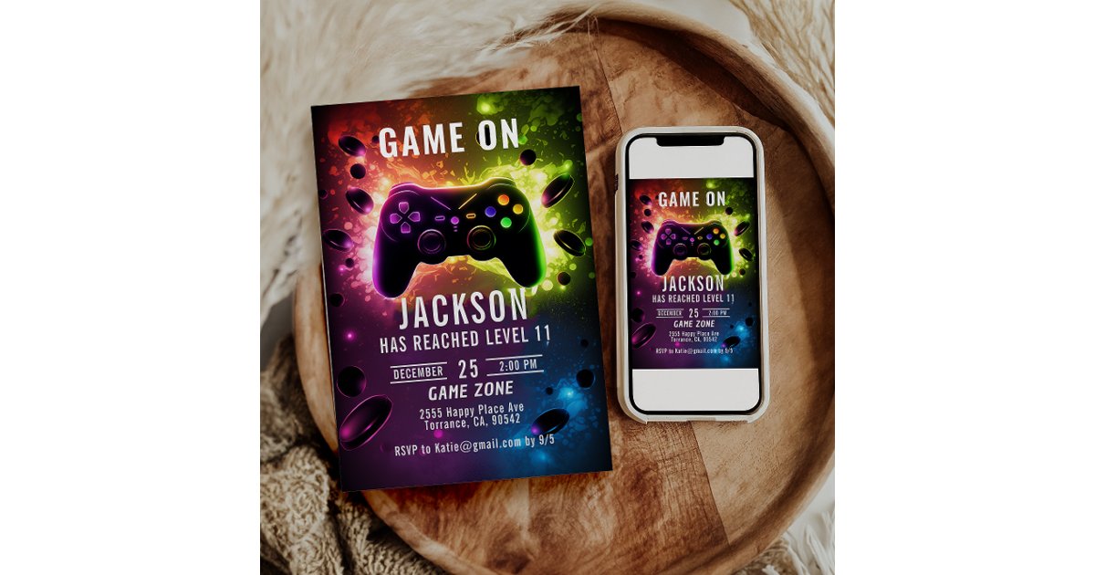 Level Up! Neon Video Game Birthday Party Invitation | Zazzle