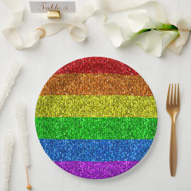 LGBT flag rainbow sparkles gay lesbian wedding Paper Plate | Zazzle