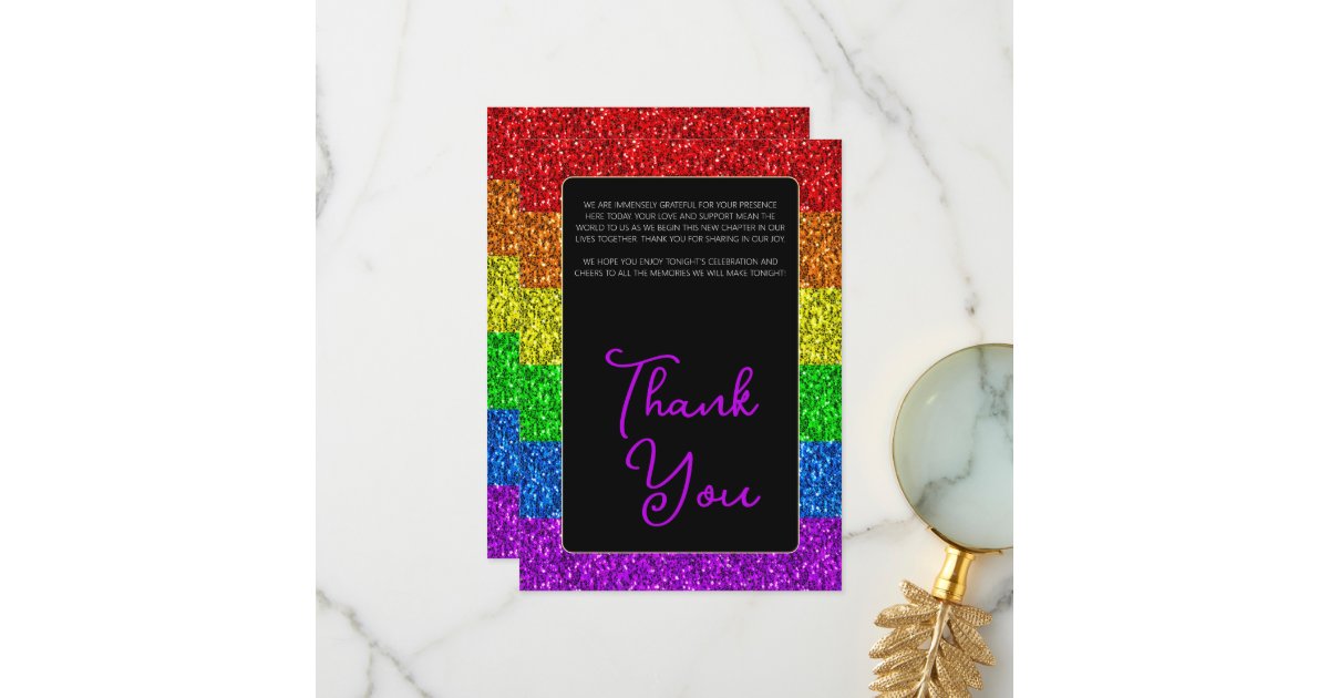 LGBT flag rainbow sparkles lesbian wedding Thank You Card | Zazzle