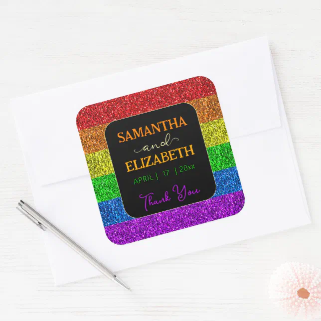 LGBT flag rainbow sparkles wedding Thank you Square Sticker | Zazzle