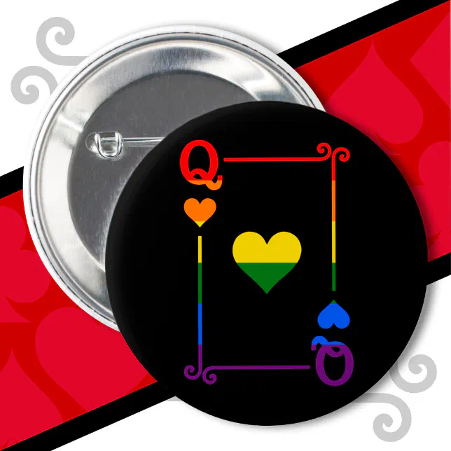 LGBTQ Pride Flag Playing Cards Queen Card Hearts 6 Cm Round Badge | Zazzle