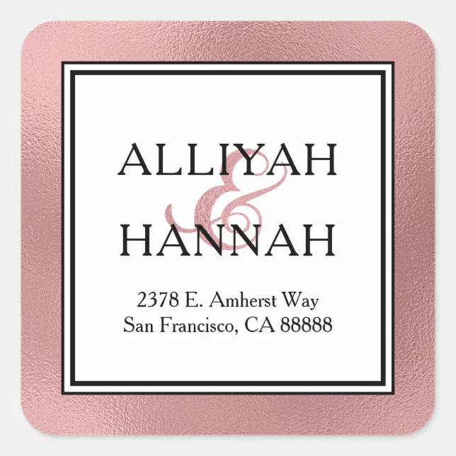 LGBTQ Rose Gold Modern Wedding Return Address Square Sticker | Zazzle