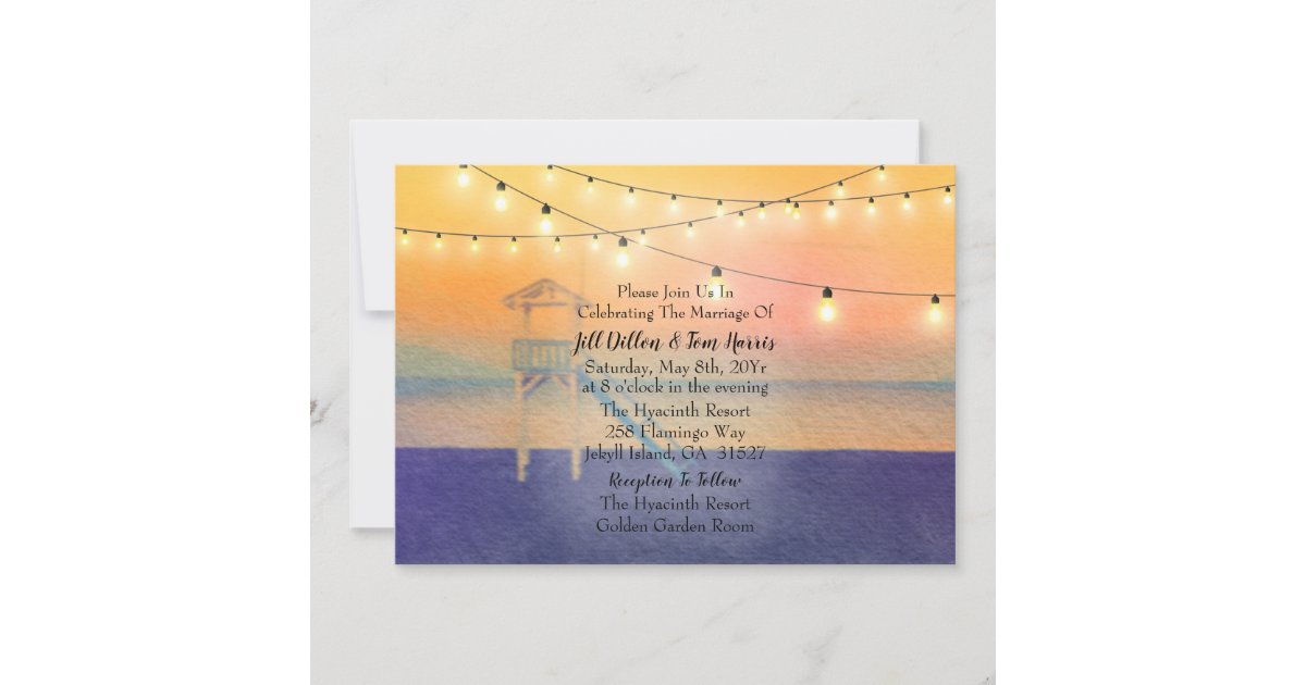 Lifeguard Beach Sunset View Wedding Invitation | Zazzle