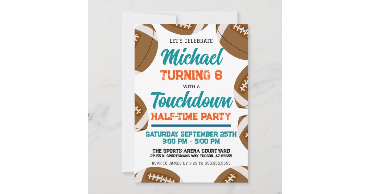 Light Aqua Orange Football Halftime Birthday Party Invitation | Zazzle
