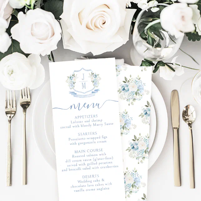 Light Blue Floral French Crest Wedding Menu Cards | Zazzle