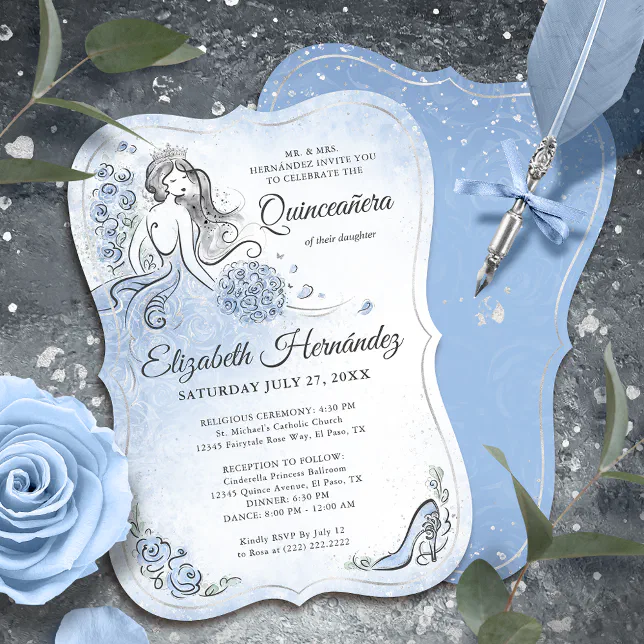 Light Blue Silver Princess Quinceanera Birthday Invitation | Zazzle