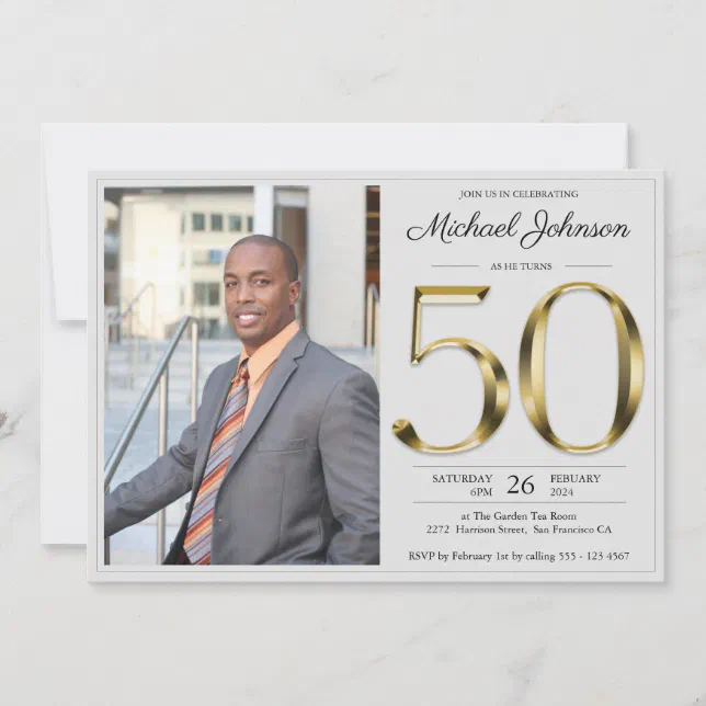 Light Grey Custom Photo Solid Gold 50th Birthday Invitation | Zazzle