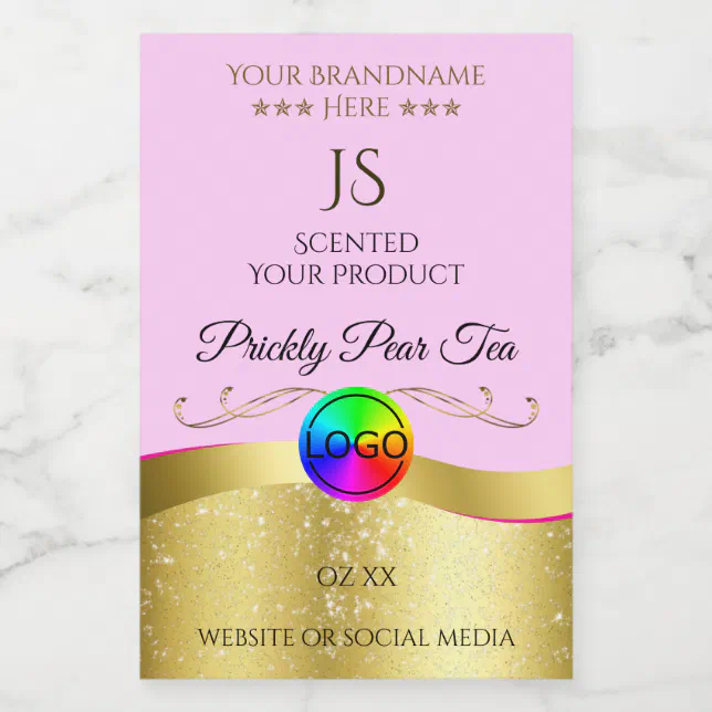 Light Pink Wavy Gold Logo Monogram Product Label | Zazzle