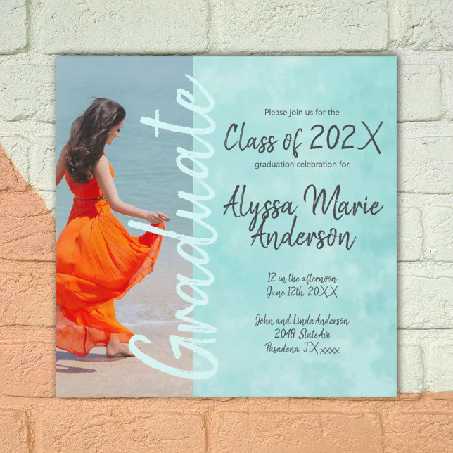 Light Turquoise Script Graduation Party Photo Advice Card | Zazzle