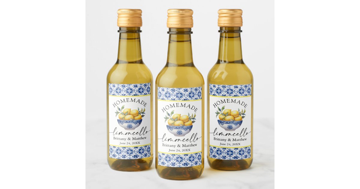 Limoncello Calligraphy Watercolor Lemon Blue Tiles Wine Label | Zazzle