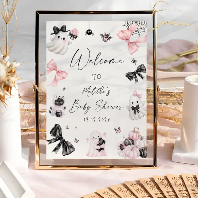 Little Boo Halloween Girl Baby Shower Welcome Poster | Zazzle