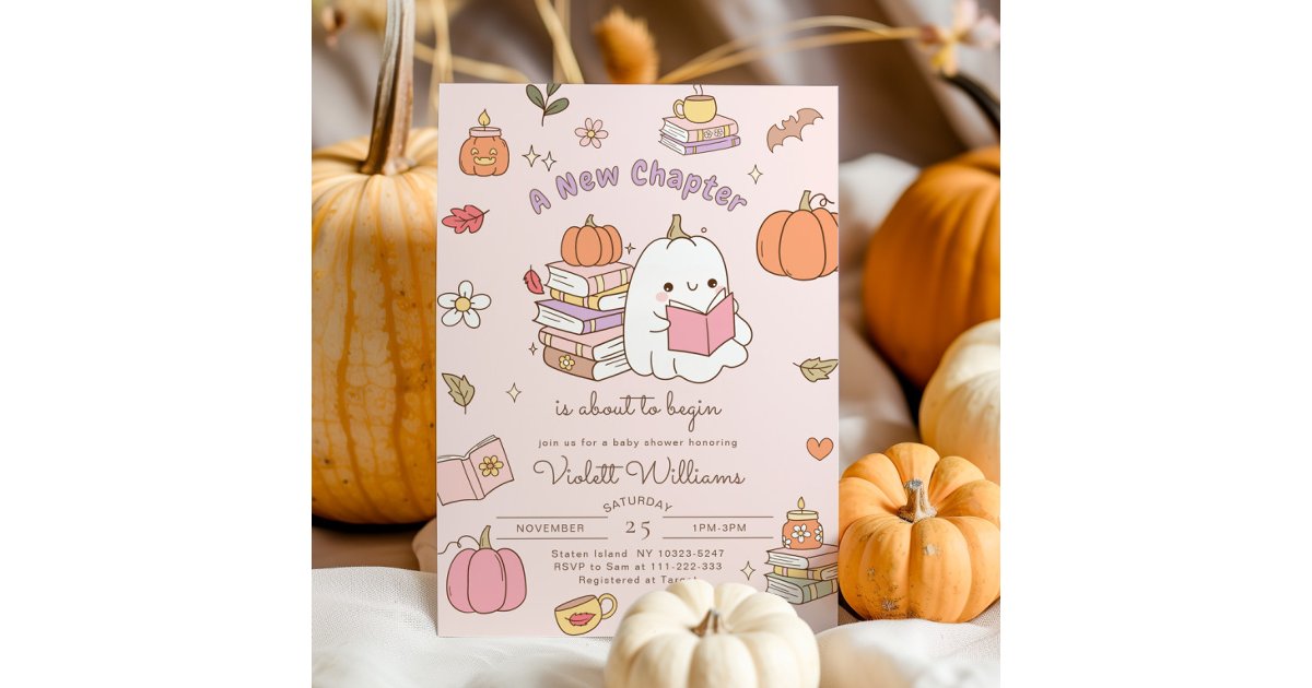 Little Boo New Chapter Pink Fall Baby Shower Invitation | Zazzle