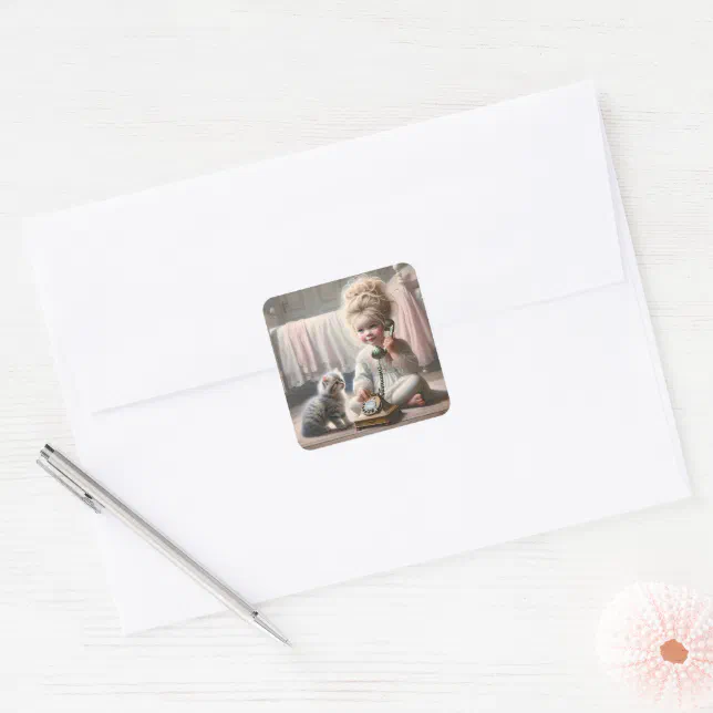 Little Girl Talking On An Old Telephone Square Sticker | Zazzle