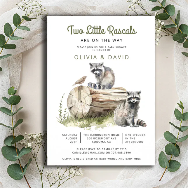 Little Rascals Raccoons Twins Baby Shower Invitation | Zazzle