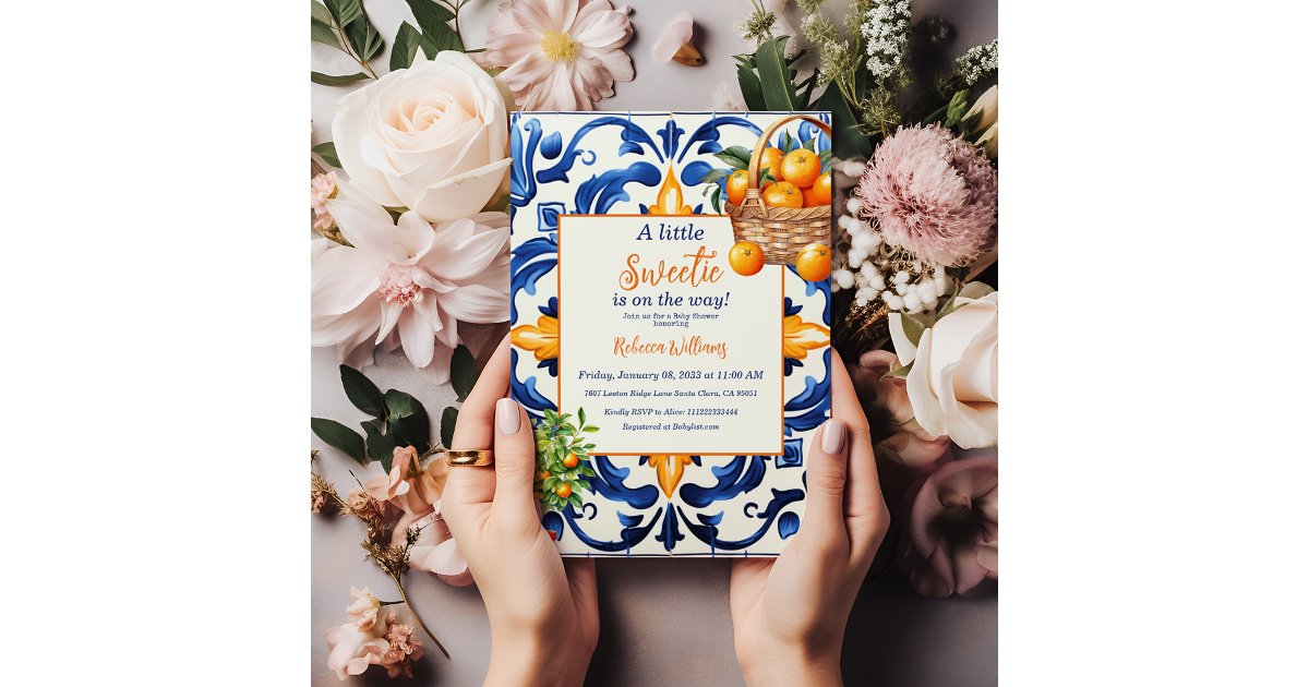 Little Sweetie Blue Tile Orange Citrus Baby Shower Invitation | Zazzle