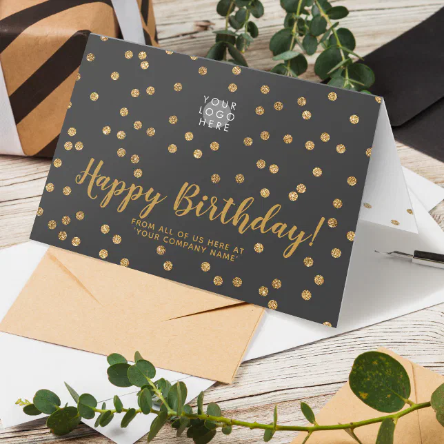 Logo Glitter Gold Confetti Dark Grey Birthday Card | Zazzle