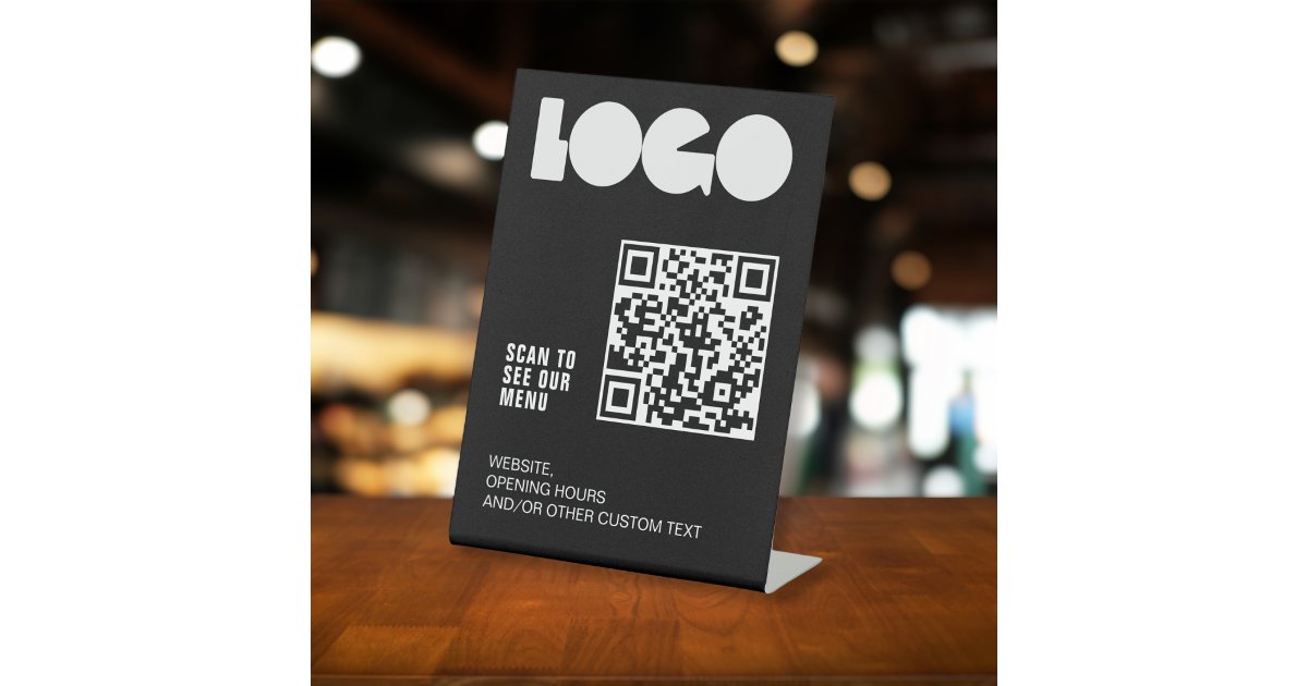 Logo QR code Scan menu Black Restaurant table Pedestal Sign | Zazzle