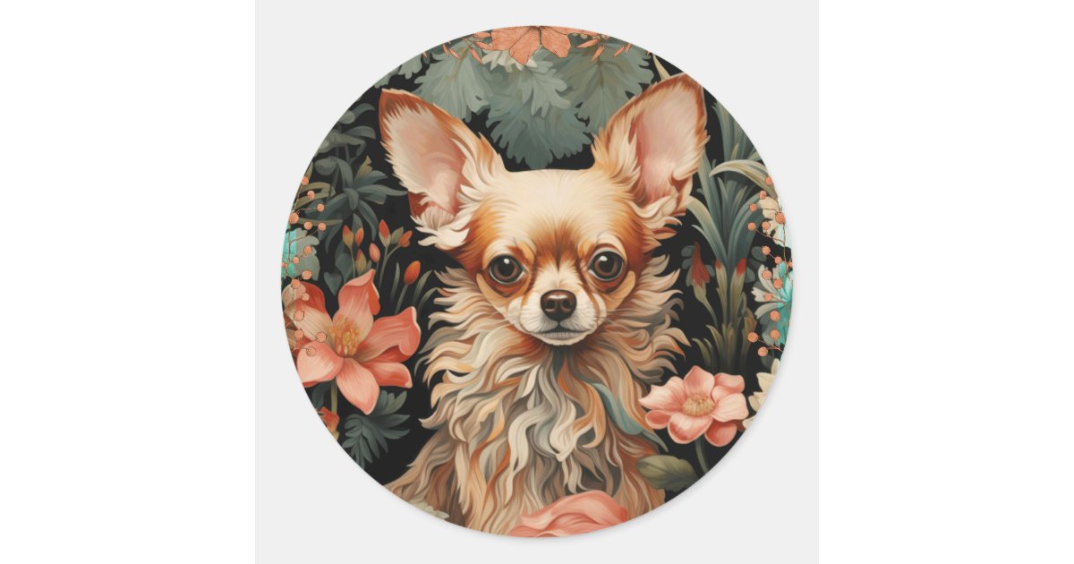 Long Haired Chihuahua in Style of William Morris Classic Round Sticker ...