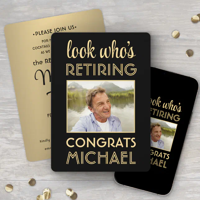 Look Who's Retiring Black & Gold Photo Retirement Invitation | Zazzle