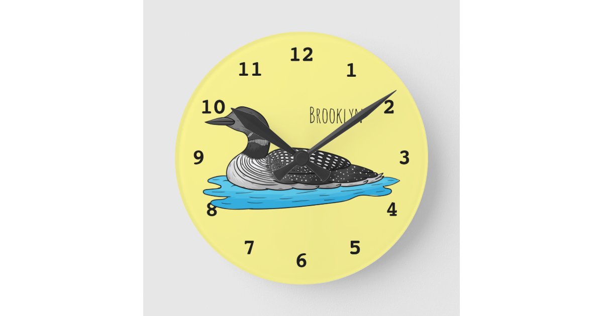 Loon bird cartoon illustration round clock | Zazzle