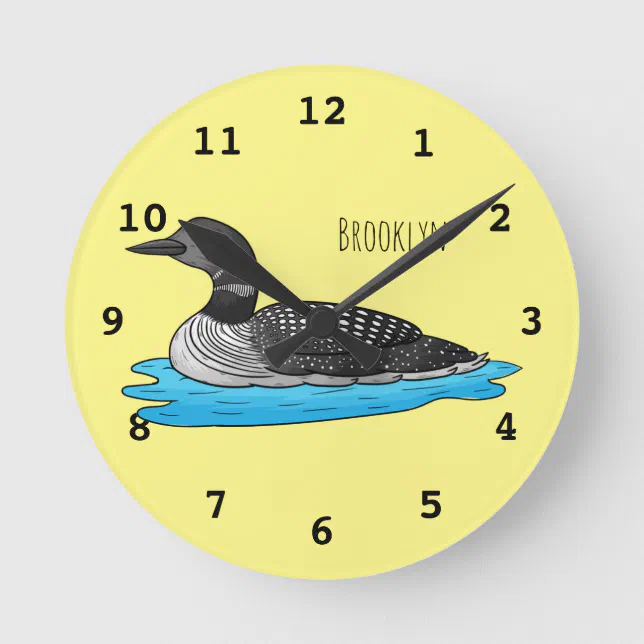 Loon bird cartoon illustration round clock | Zazzle
